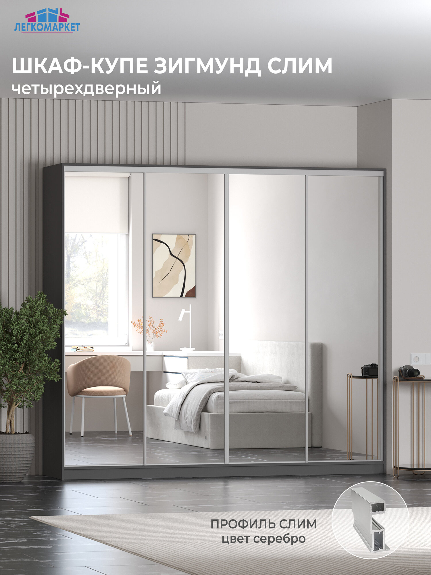 Шкаф-купе Зигмунд Слим 4 220-60-220, цвет графит, профиль серебро, наполнение белье-платье-белье