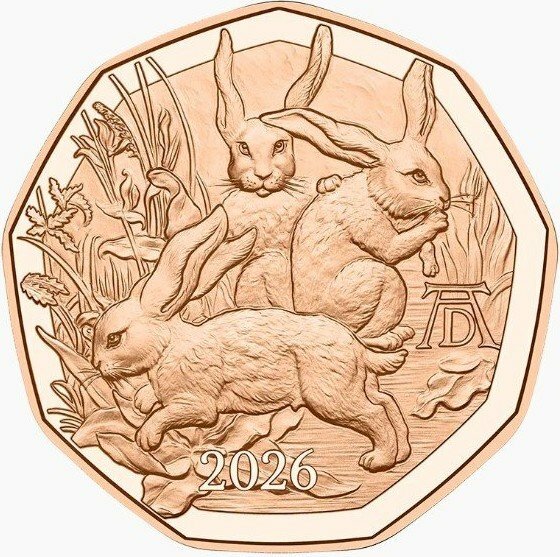 Австрия 5 евро 2026 "Три зайца Дюрера", Медь, в сохранности UNC