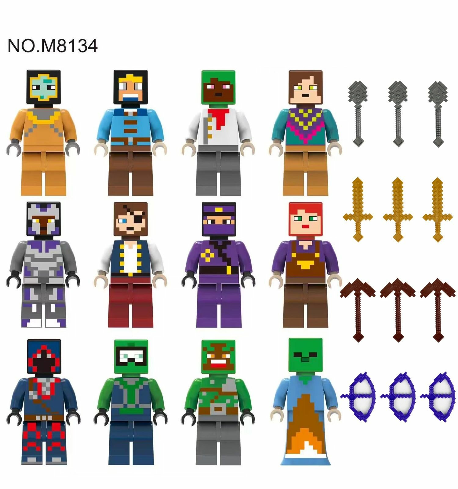 Набор минифигурок Майнкрафт / Minecraft совместимы с конструкторами лего 12шт (4.5см, пакет) М8134