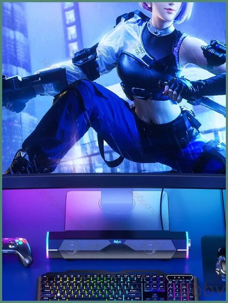Саундбар Nje Для Компьютера с RGB подсветкой, черный корпус, встроенной звуковой картой и беспроводным подключением — фото 1