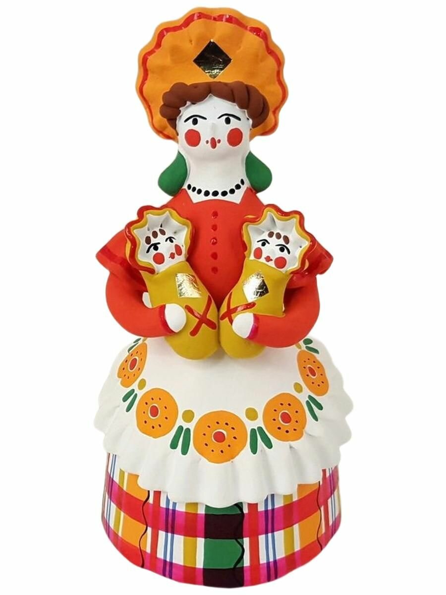 Барыня №4 с младенцами, Дымковская глиняная игрушка, ручная авторская работа