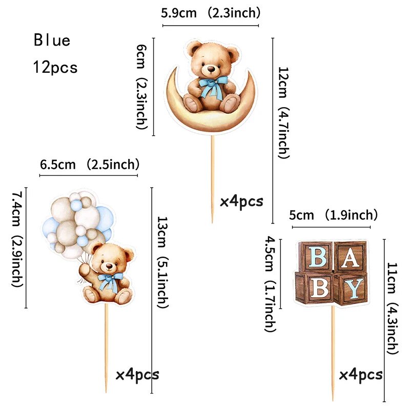Топперы для торта "Baby" с медведем, синие, 12 шт.