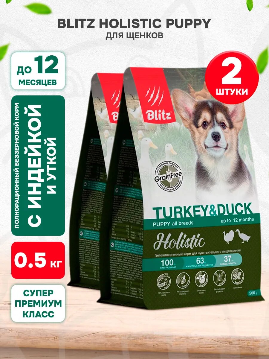 Сухой корм Blitz Holistic Puppy Turkey & Duck беззерновой для щенков всех пород, беременных и кормящих сук с чувствительным пищеварением индейка и утка, 0,5 кг х 2 шт