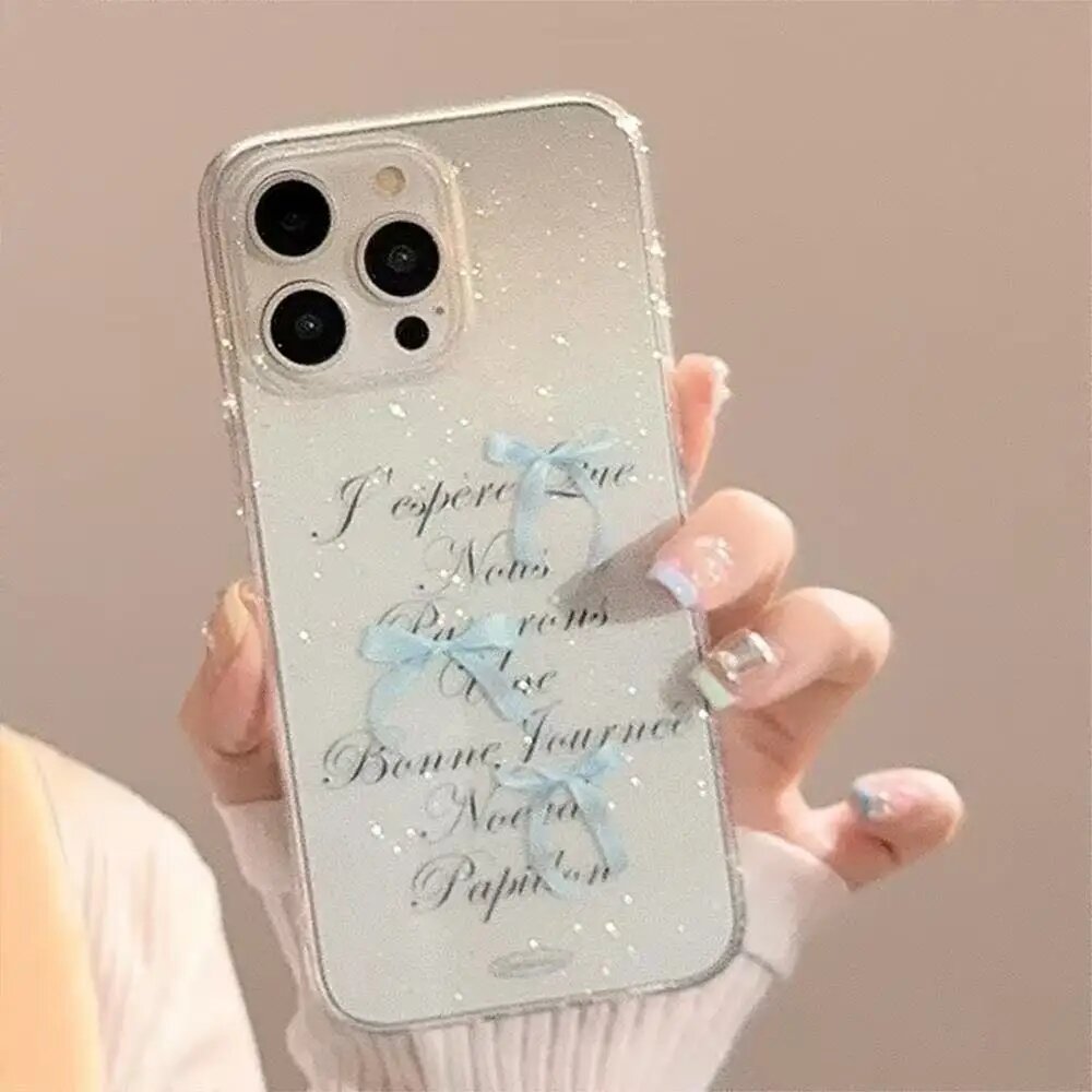 Чехол для телефона с бантиком молочно-синей лентой для iPhone 17Air 16 E 15 14 13 12 11 Pro Max Plus Mini Xxs Xr Xsmax противоударный блестящий чехол