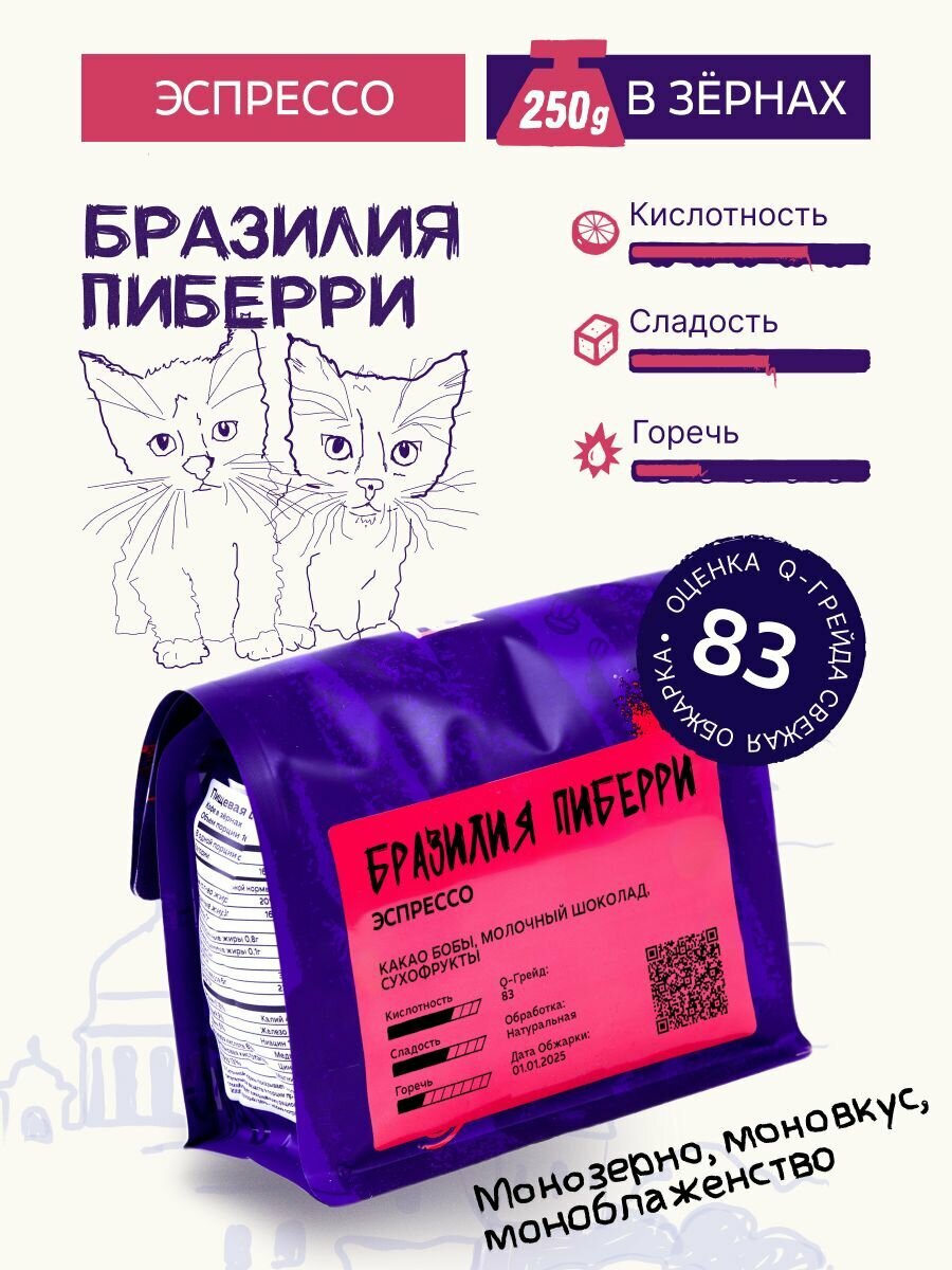 Кофе в зернах Мануфактура кофе Бразилия Пиберри, 250гр, средняя обжарка