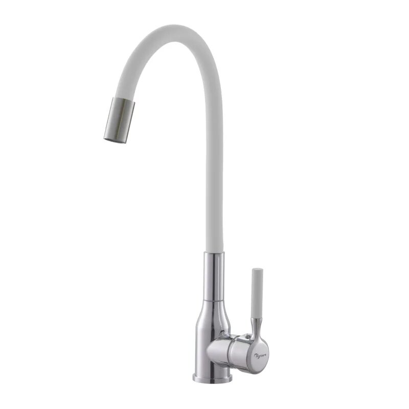 Смеситель для кухни Plstart PG54022B23 с гибким изливом, с поворотным изливом, хром, белый, глянцевый, однорычажный, нержавеющая сталь, с керамическим картриджем