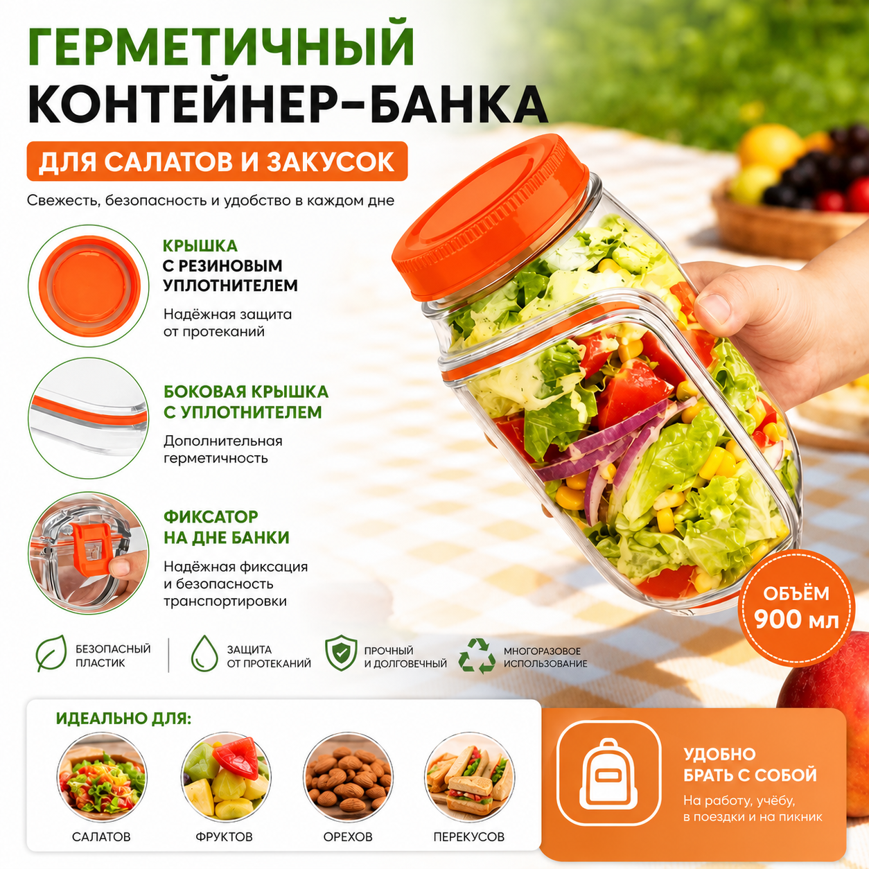 Ланч-бокс для салата, пластиковый герметичный контейнер для салата, банка для салата