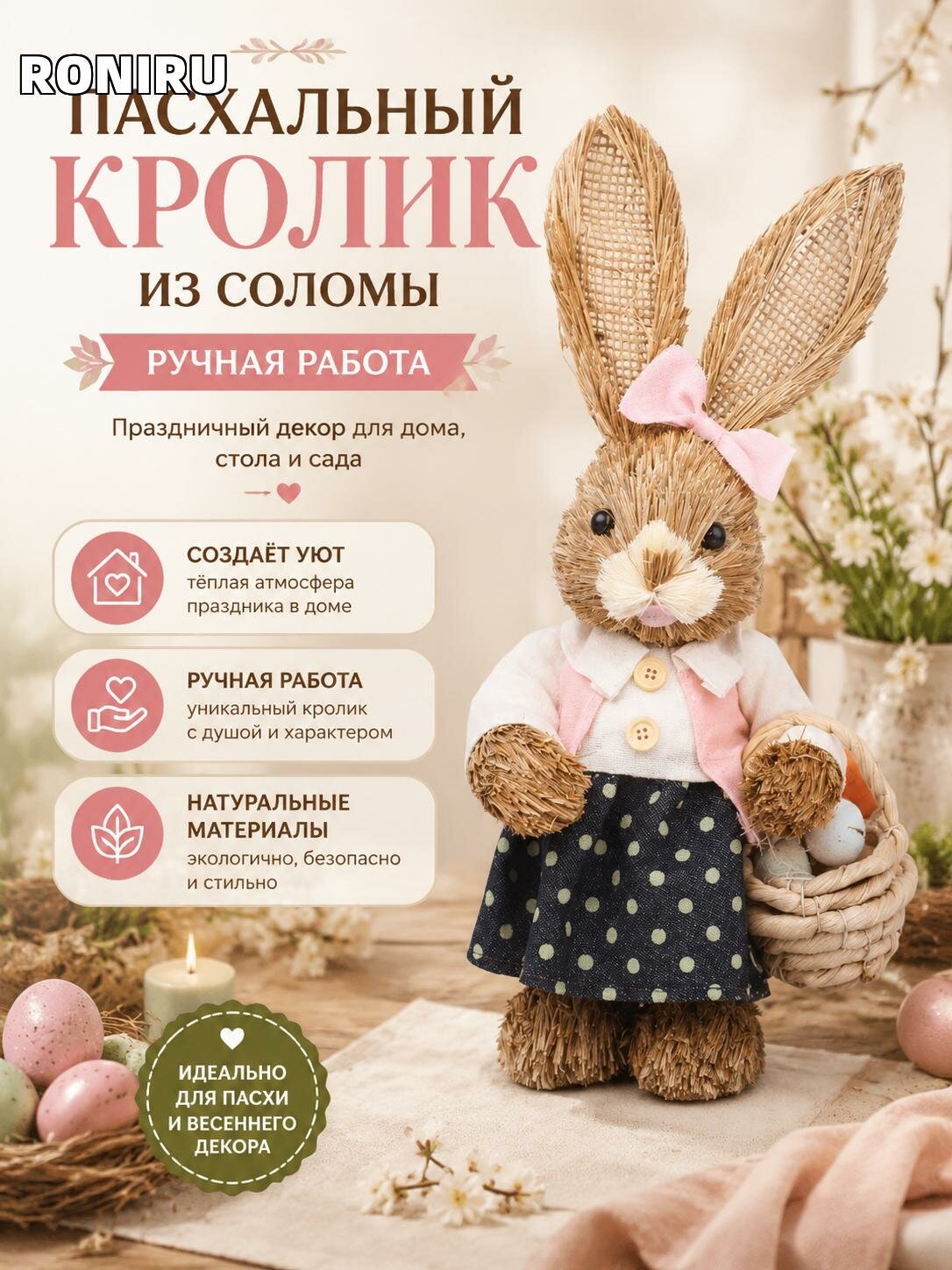 Пасхальный кролик из соломы ручной работы — праздничный декор для дома, пасхального стола и сада, весенний уют