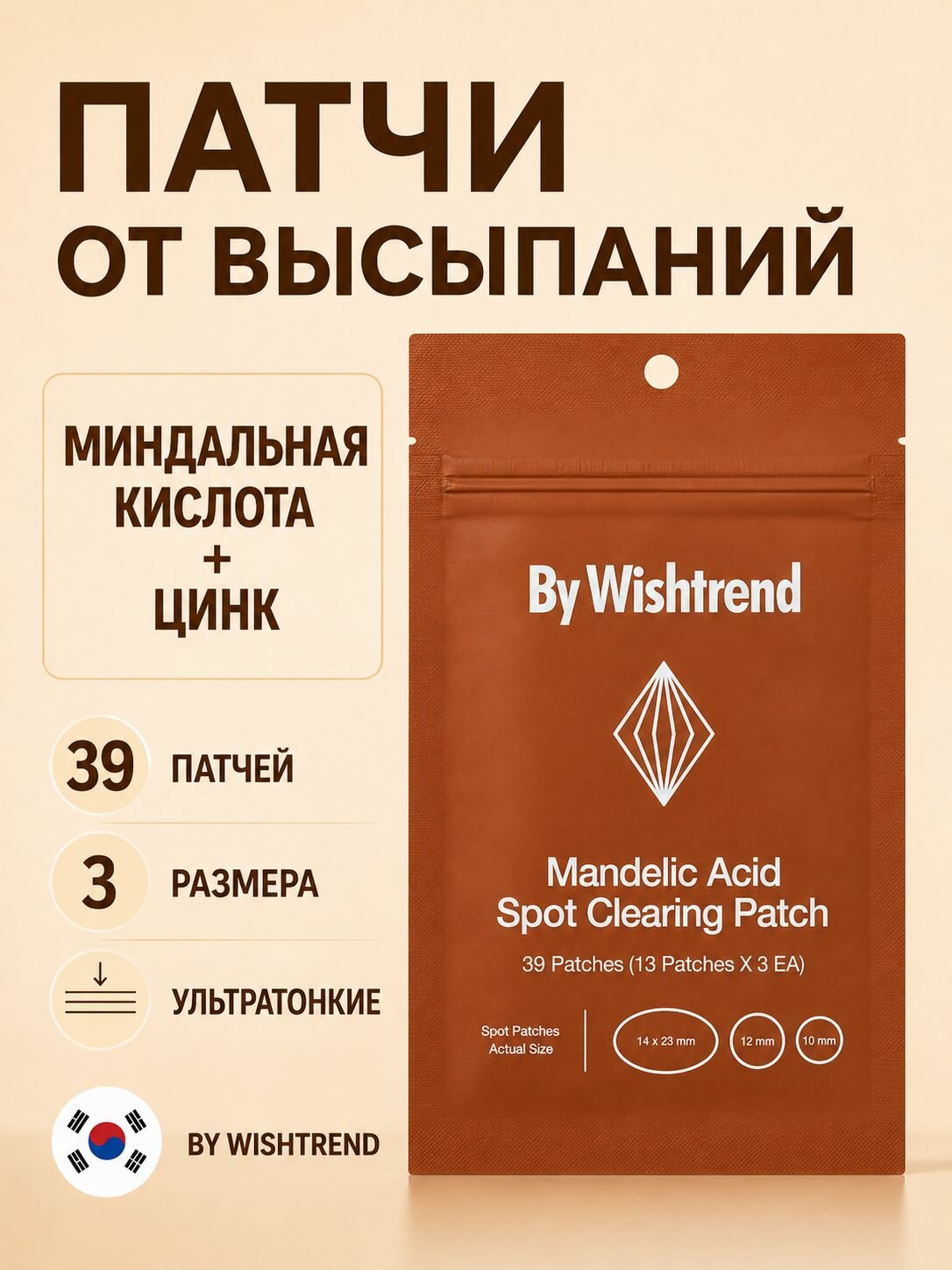 Патчи точечные от воспалений с миндальной кислотой и цинком BY WISHTREND Mandelic Acid Spot Clearing Patch, 1 упак/39 патчей