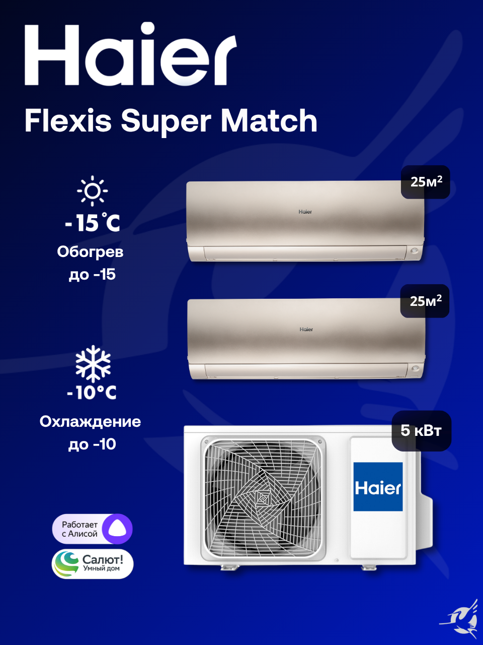 Мультисплит-система Haier Flexis Super Match 2 Х AS25S2SF4FA-G / 2U50S2SM2FA на 2 комнаты 25+25 м²
