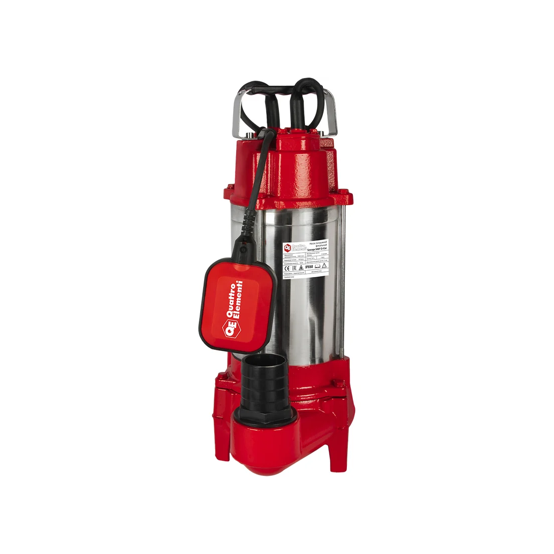 Насос фекальный QUATTRO ELEMENTI Sewage 500F Ci-Cut 909-075, 500 Вт, 316 л/мин, напор 12 м, чугун / металл, красный