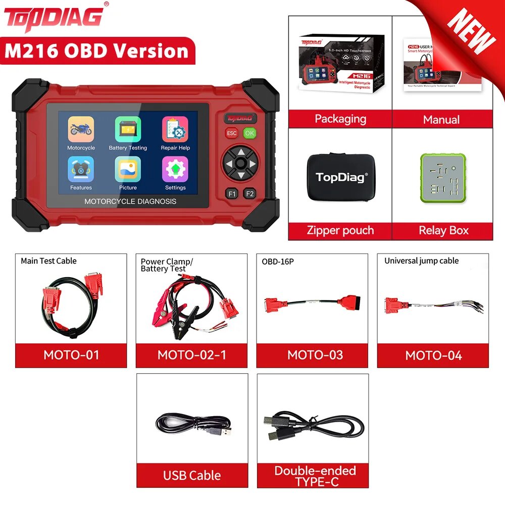 Сканер Topdiag M216 OBDII Инструмент для диагностики мотоциклов EURO5 Считывание и очистка кодов неисправностей Тест инжектора ABS Для BMW Yamaha KTM SUZUKI