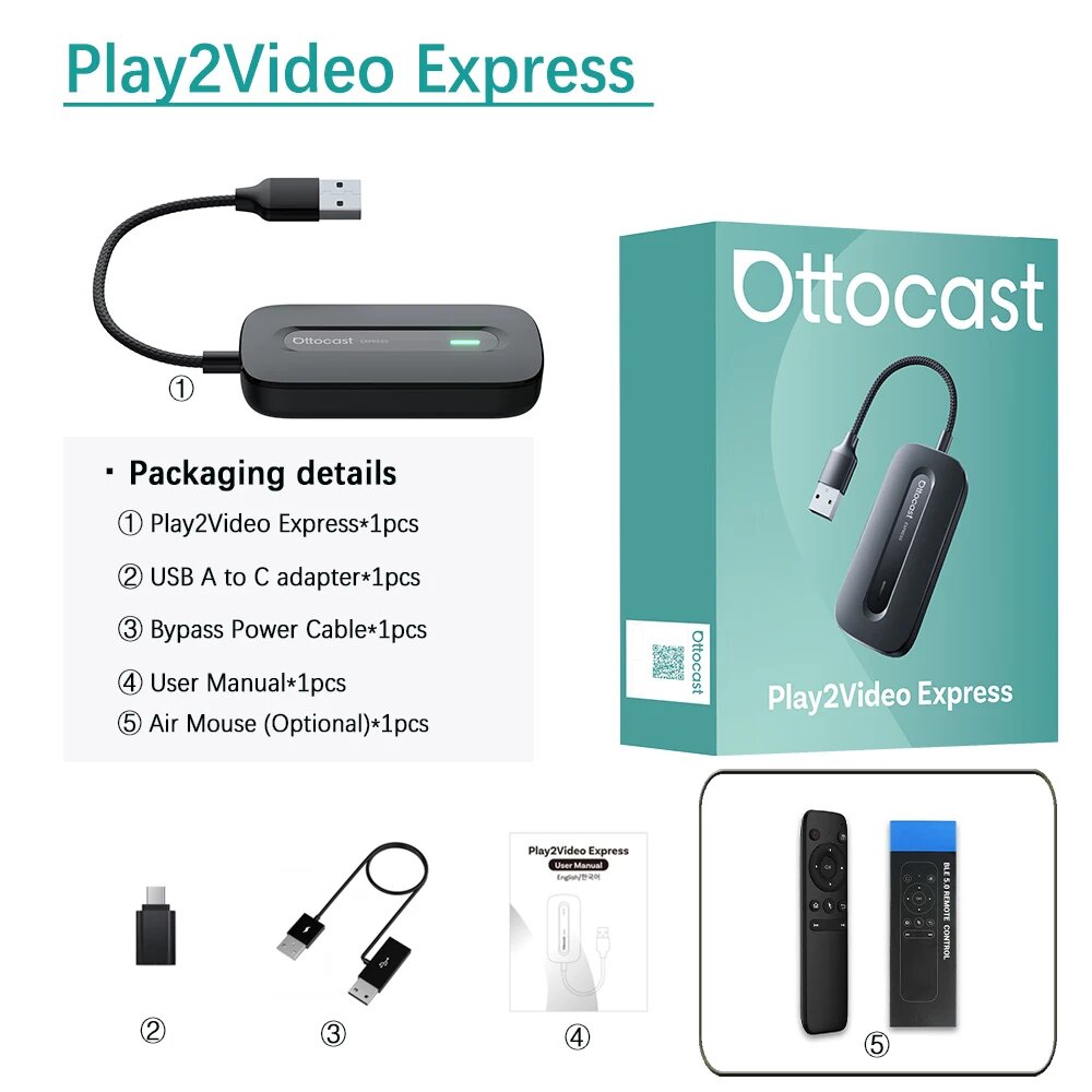 OTTOCAST Play2Video Express Video Upgrade AI Box Wireless CarPlay Android Auto with Air Mouse