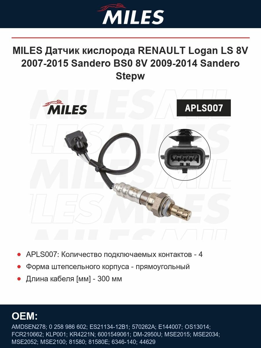 MILES Датчик кислорода RENAULT Logan LS 8V 2007-2015 Sandero BS0 8V 2009-2014 Sandero Stepw