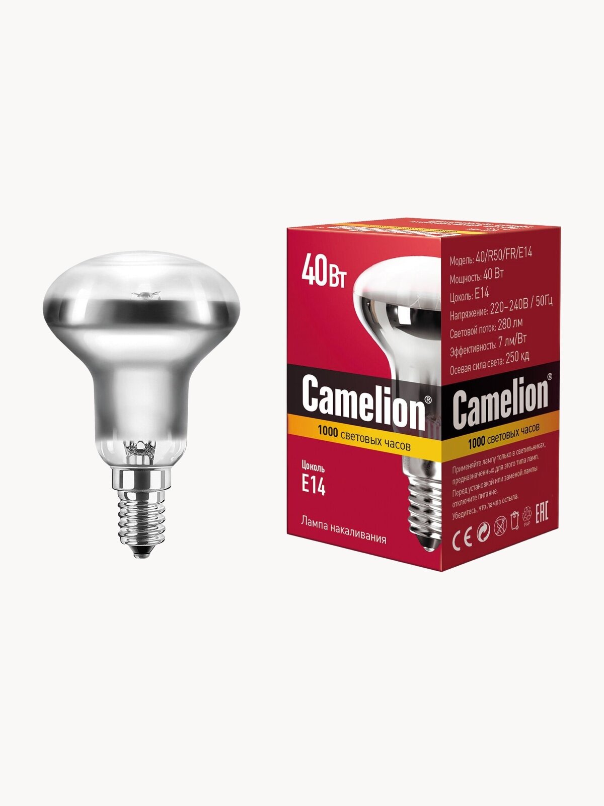 Лампа накаливания Camelion MIC, E14, мощность 40 W, теплый свет, 280 lm