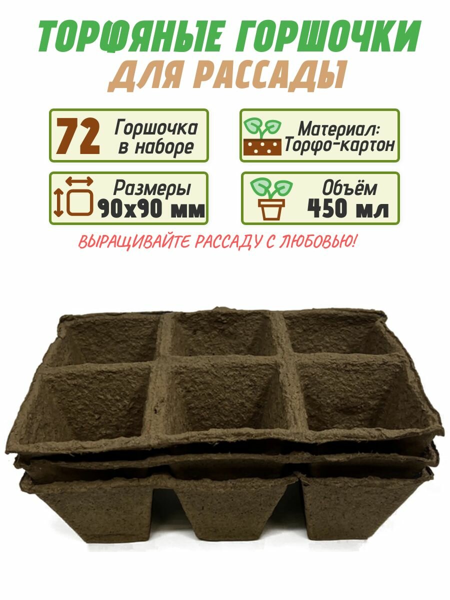 Торфяные горшочки для рассады 6 ячеек, 90 х 90 мм, набор из 12 кассет. Для раннего высева и рассадки растений. Торф обеспечивает развитие корневой системы растений и обеспечивают отток лишней влаги.