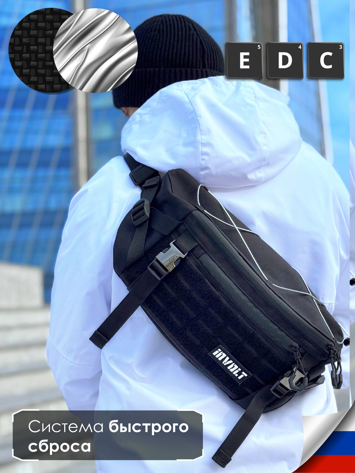 Сумка кросс-боди KILO Nickel - EDC бананка сумка через плечо кросс боди черная с серебристым подкладом