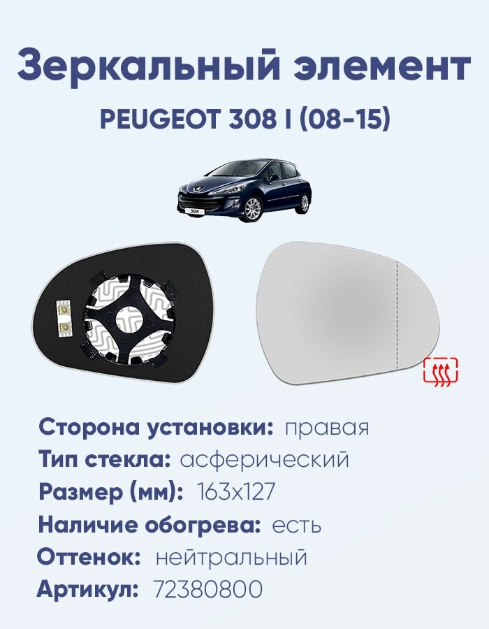Зеркальный элемент правый PEUGEOT 308 I (08-15) асферика нейтральный с обогревом