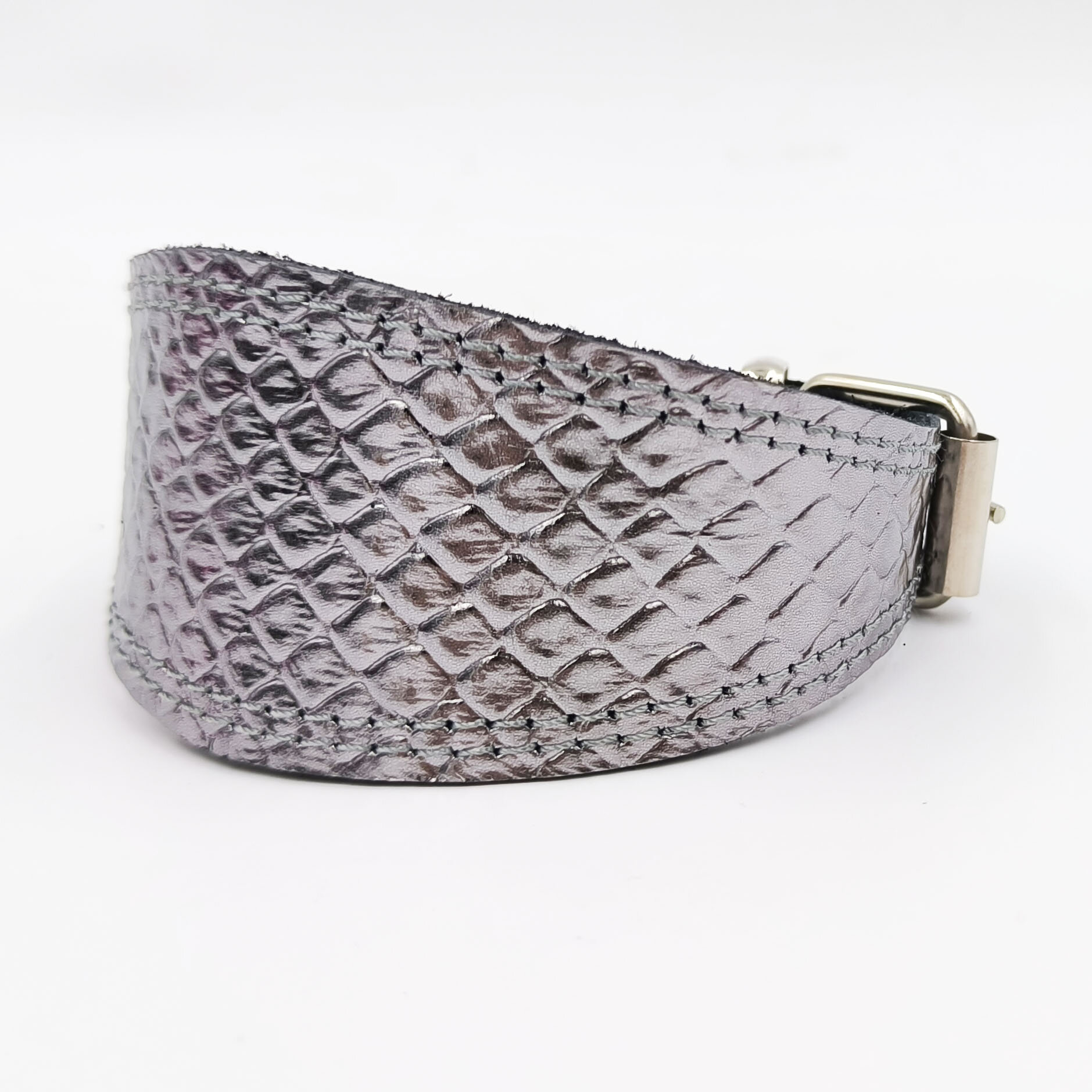 Ошейник-селедка серебряный питон для собак из натуральной кожи. Обхват шеи 23-28 см, ширина 4,5 см