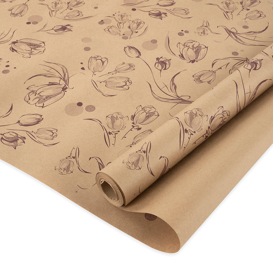 Бумага упаковочная Дон Баллон Крафт 60 гр, Цветочный вальс, Бордовая, 0,72х10 м