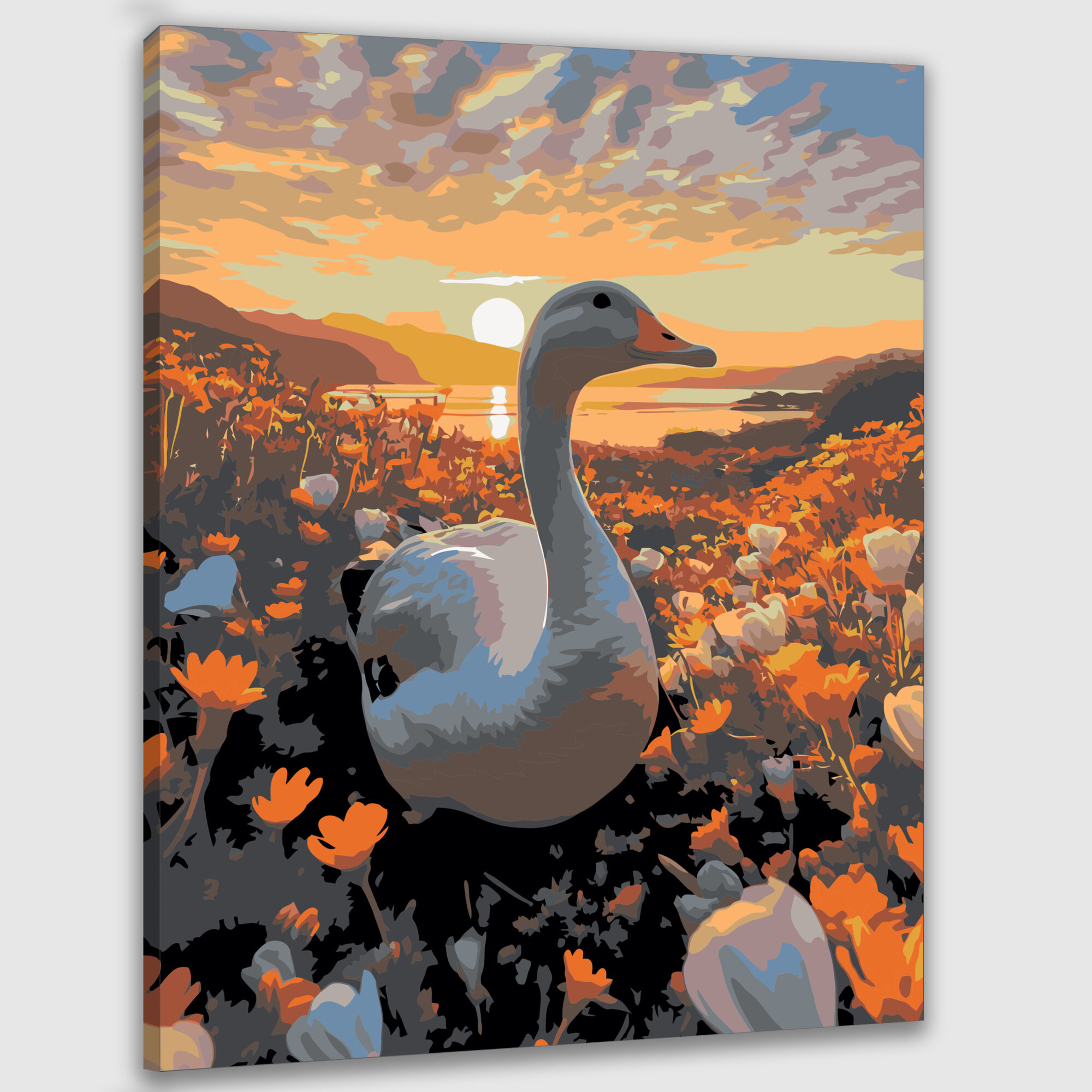 Картина по номерам 40x50 см, гусь, белые перья, зеленая трава, яркие цветы, мягкое сияние, сложные детали