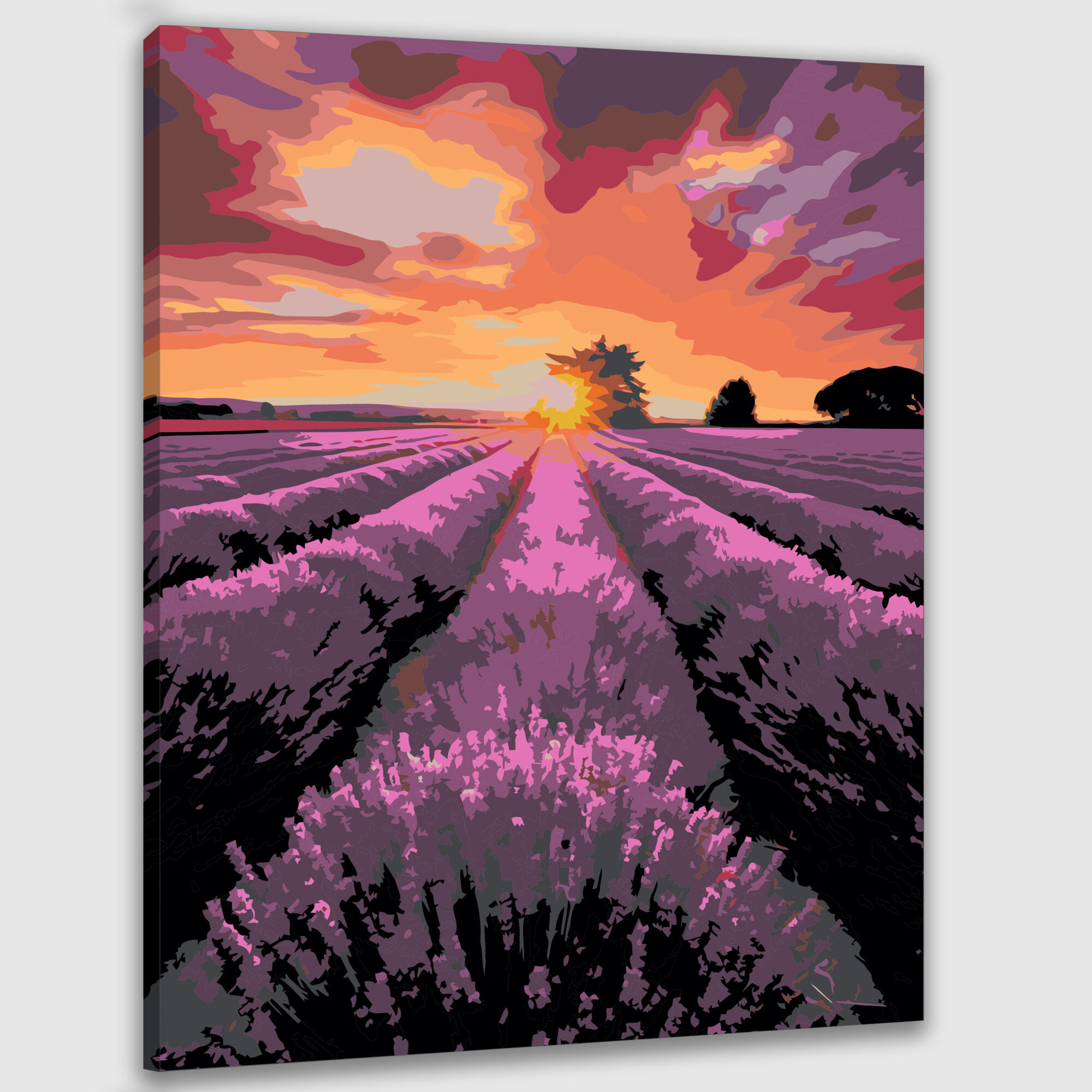 Картина по номерам 40x50 см, летний день, поляна лаванды, солнце, фиолетовые оттенки, зеленая листва, голубое небо