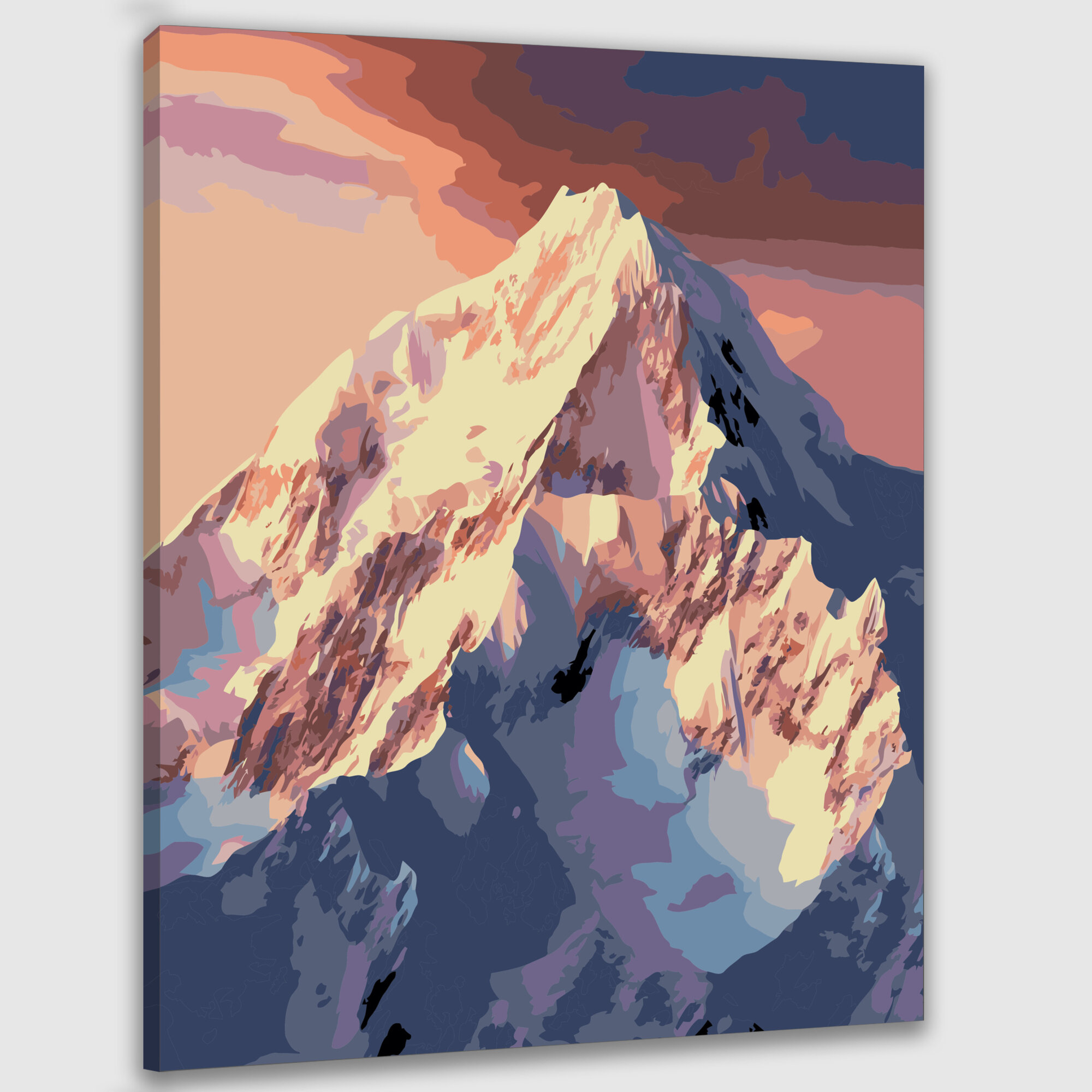 Картина по номерам 40x50 см, горный хребет, заснеженные вершины, сияние восхода, белый снег, узоры снега, текстура скал