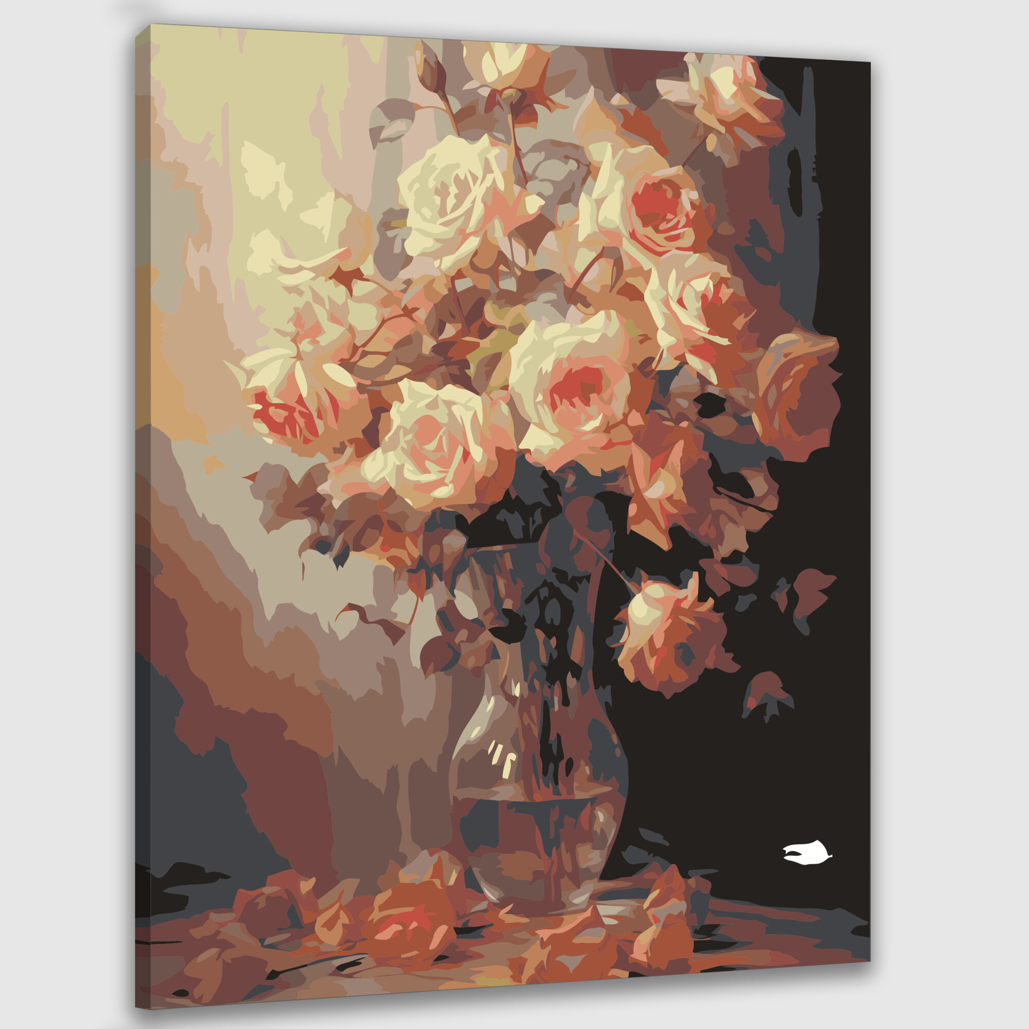 Картина по номерам 40x50 см, картина, масло, букет, розы, лепестки, замысловатые детали, теплый свет, золотистый свет