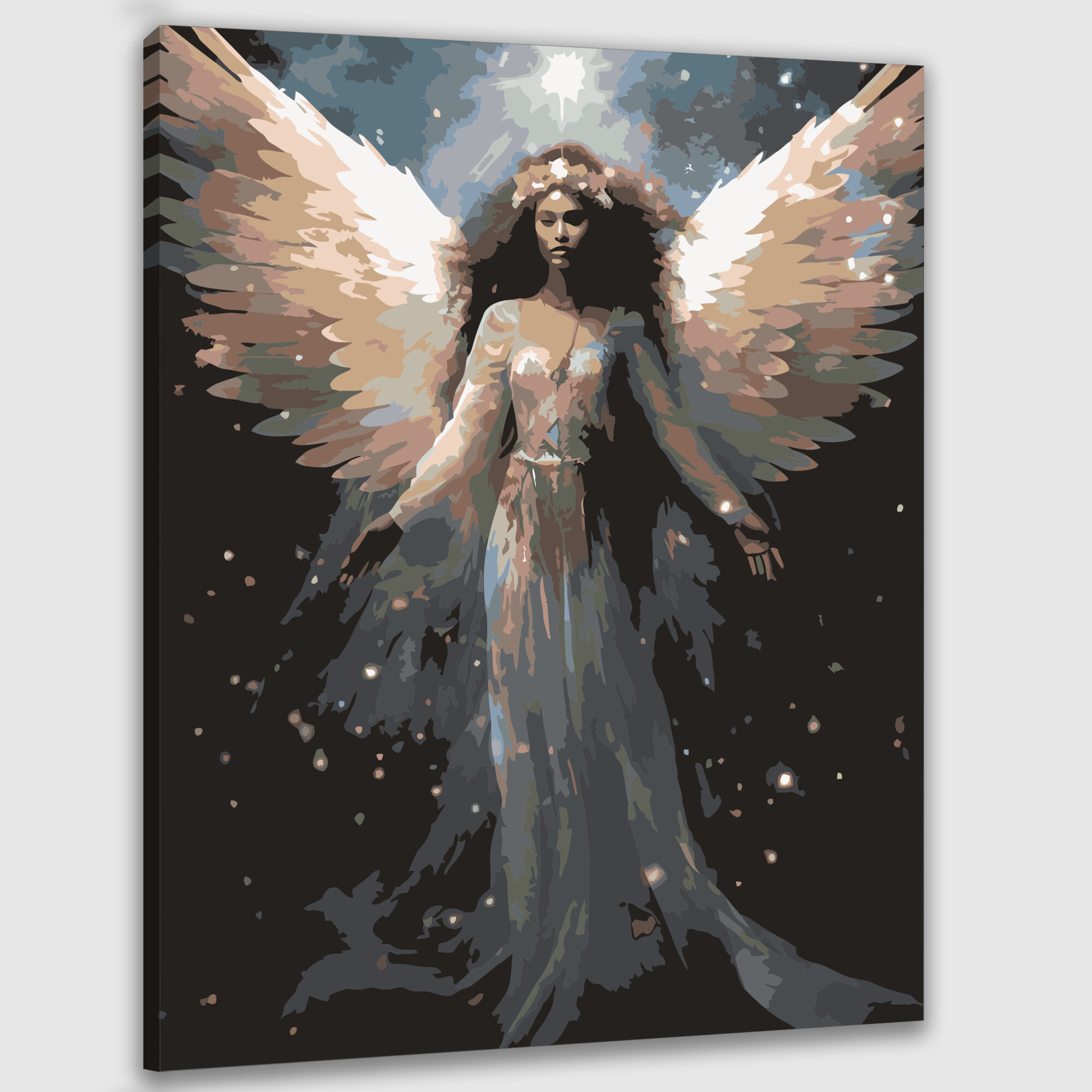 Картина по номерам 40x50 см, ангел, крылья, небесный пейзаж, звезды, космическая пыль, ощущение божественного ру