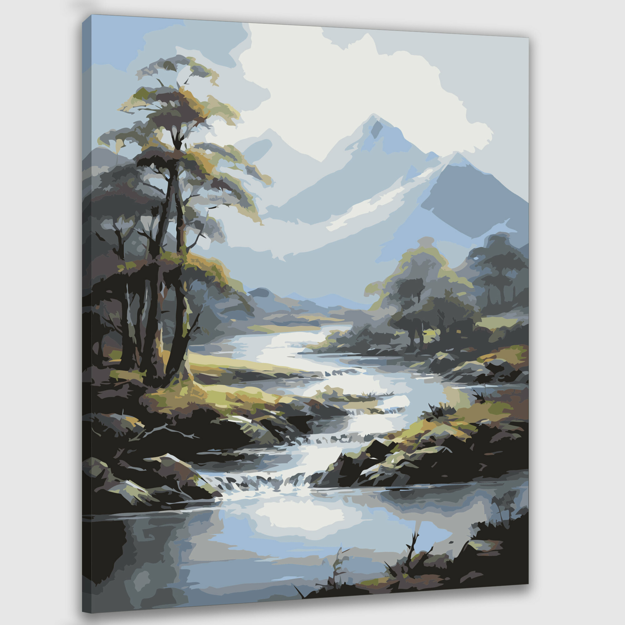 Картина по номерам 40x50 см, горы, река, масло, землистые тон, детали, спокойствие, безмятежность