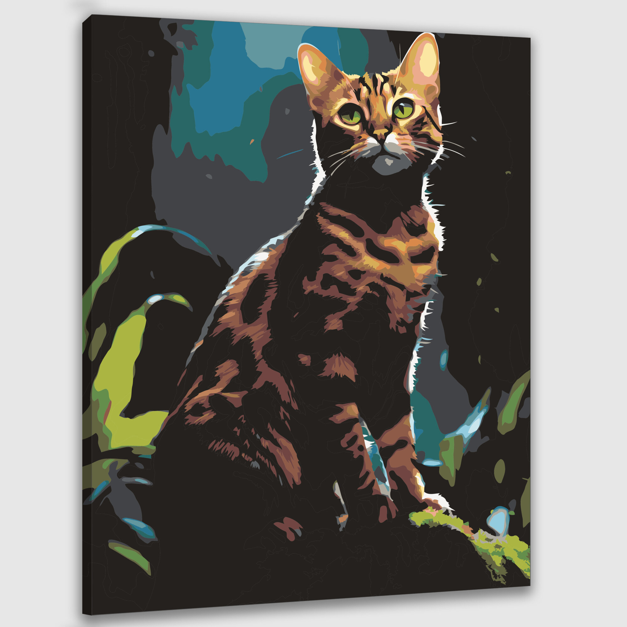 Картина по номерам 40x50 см, яркая цифровая картина, бенгальская кошка, тропические джунгли, гладкий мех, скала