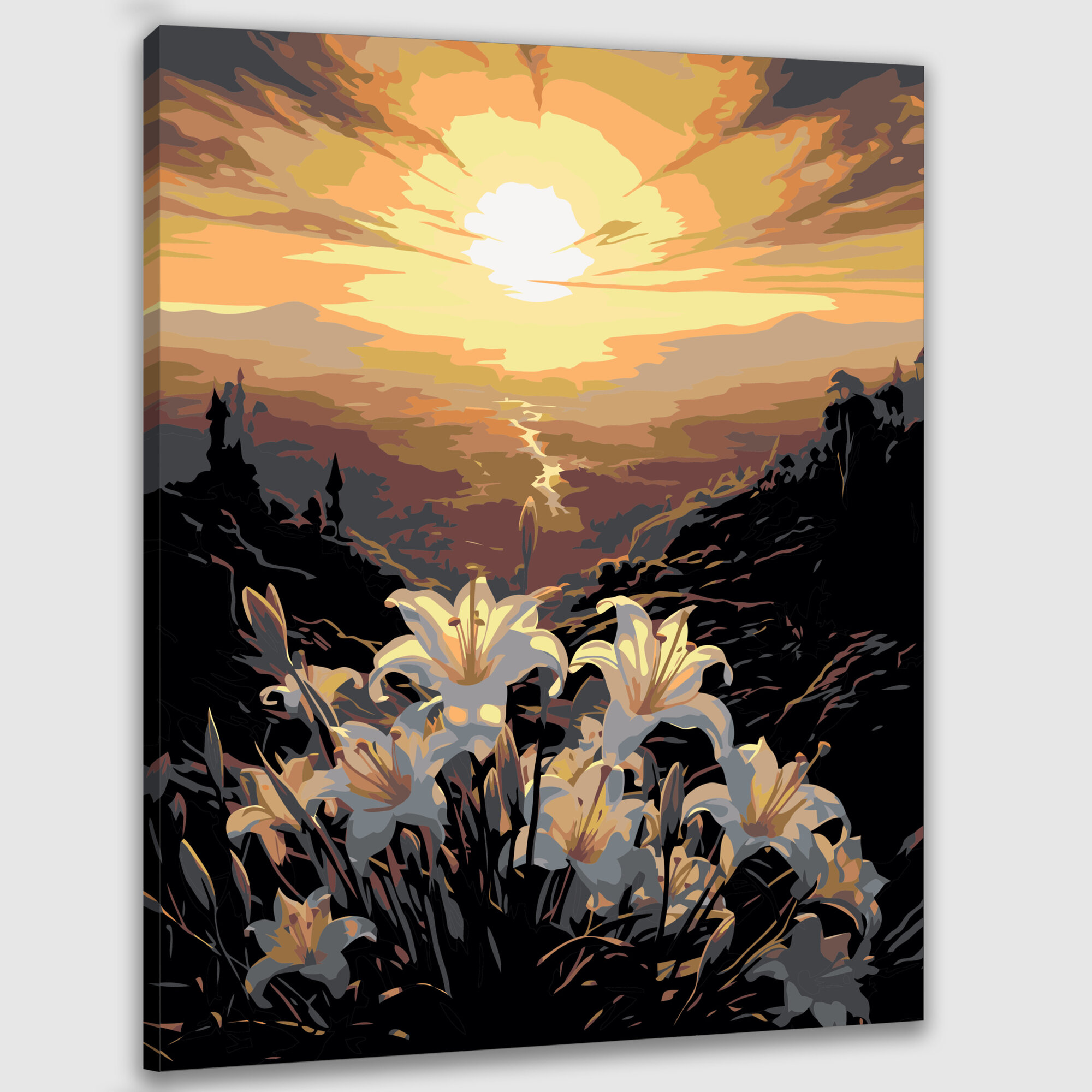 Картина по номерам 40x50 см, картина, масло, восход солнца, золотистое сияние, безмятежный пейзаж, свет, лилия, земля