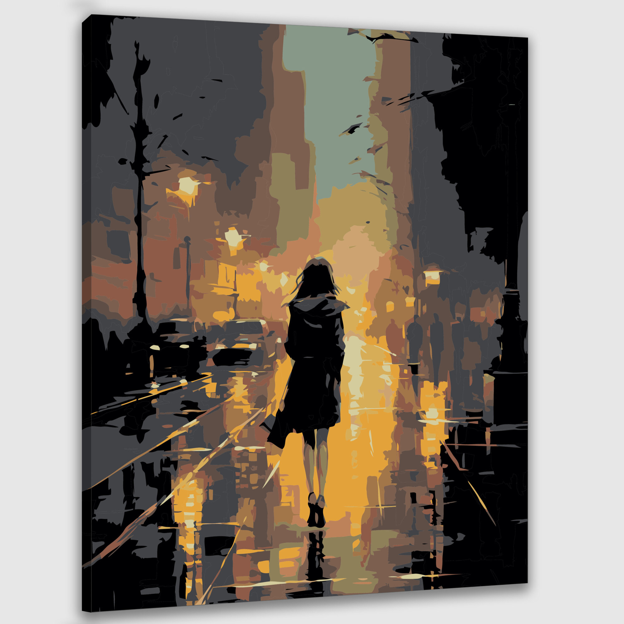 Картина по номерам 40x50 см, мрачная, картина, масло, женщина, одиночество, дождь, силуэт, свет, фонарь, меланхолия