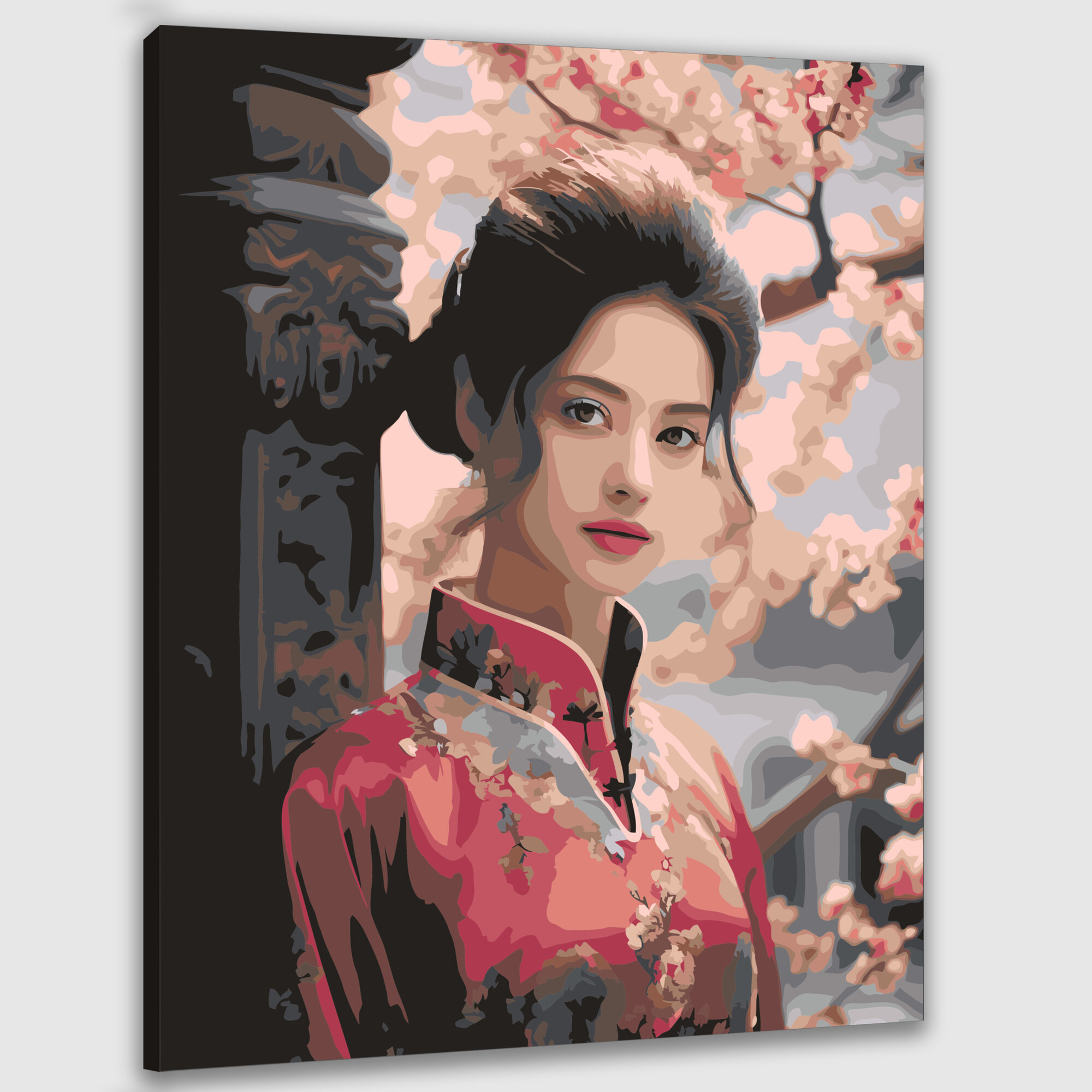Картина по номерам 40x50 см, фотография, девушка, шелковый чонсам, волосы, цветы вишни, восточный сад, яркие краски