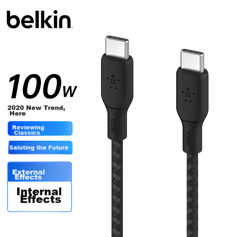 Belkin Data Cable, 100W Fast Charging, Type-C Charging Cable, PD Fast Charging, Apple Laptop Charging, IPad Charging, 2-Meter Braided Cable, Black, CAB014
