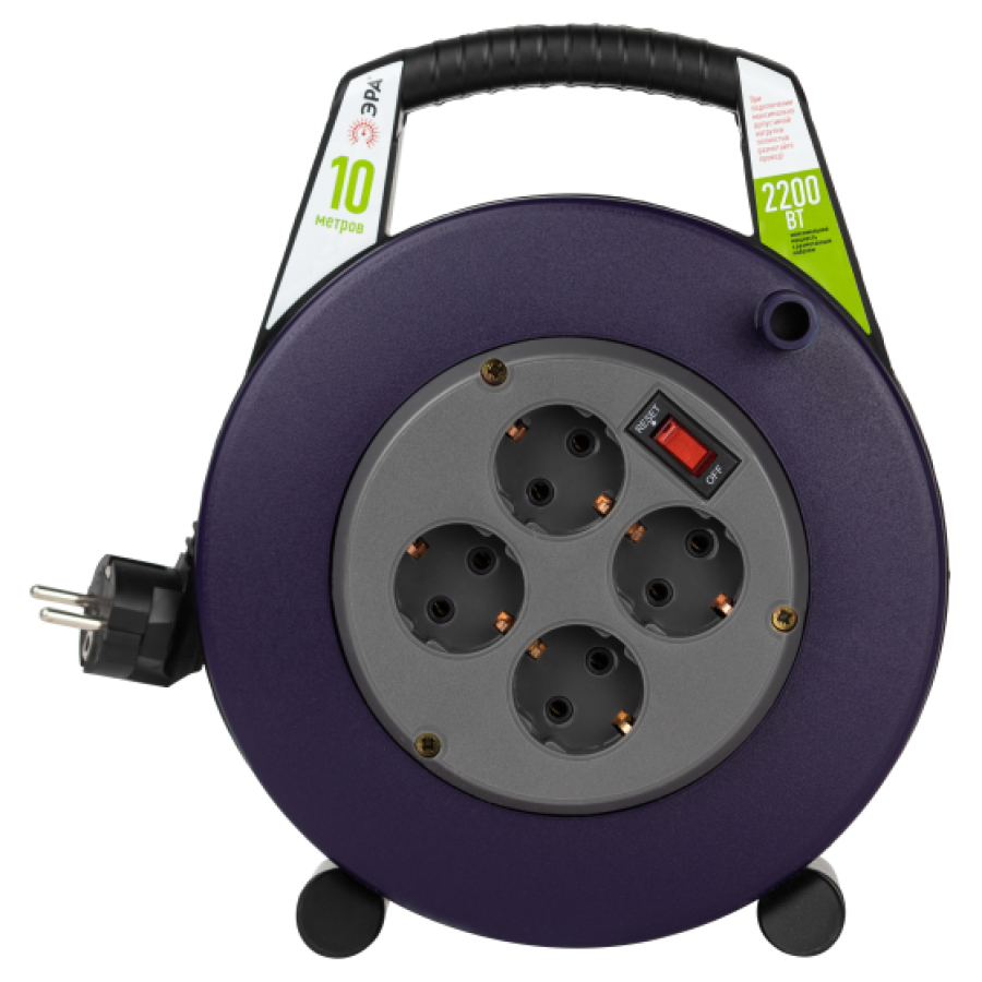Удлинитель силовой на катушке ЭРА BPx-4e-3x1-10m в закрытом корпусе с заземлением и выключателем, провод ПВС 3х1мм2 оранжевый, 4 розетки, 10м, Б0052927 / электрика