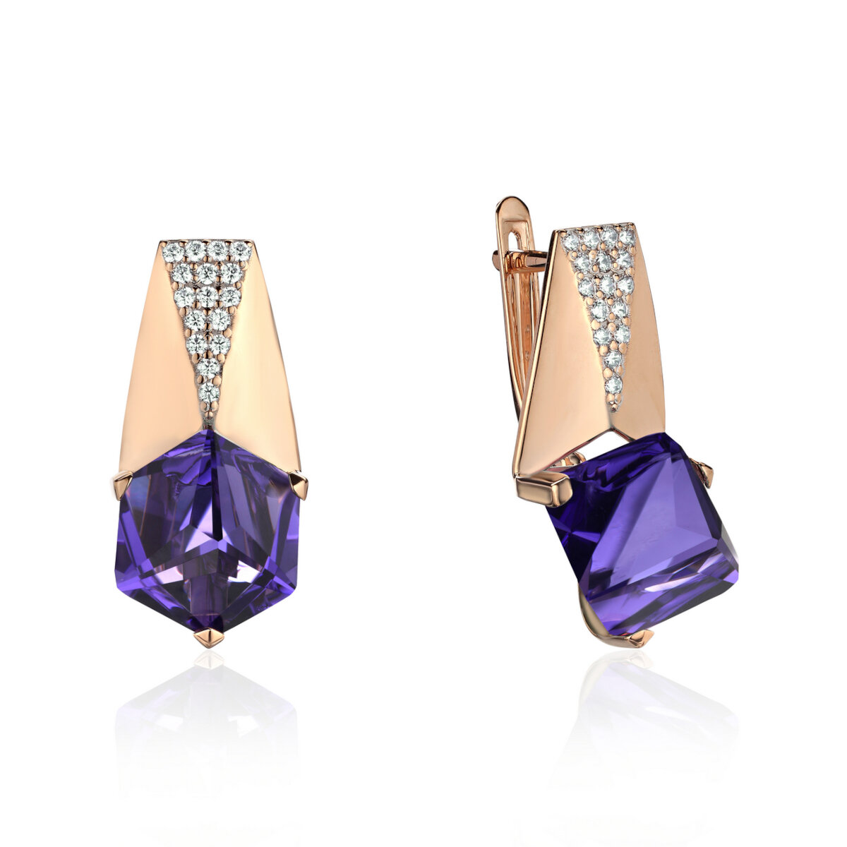 Серьги, красное золото, 585 проба, танзанит, фианит