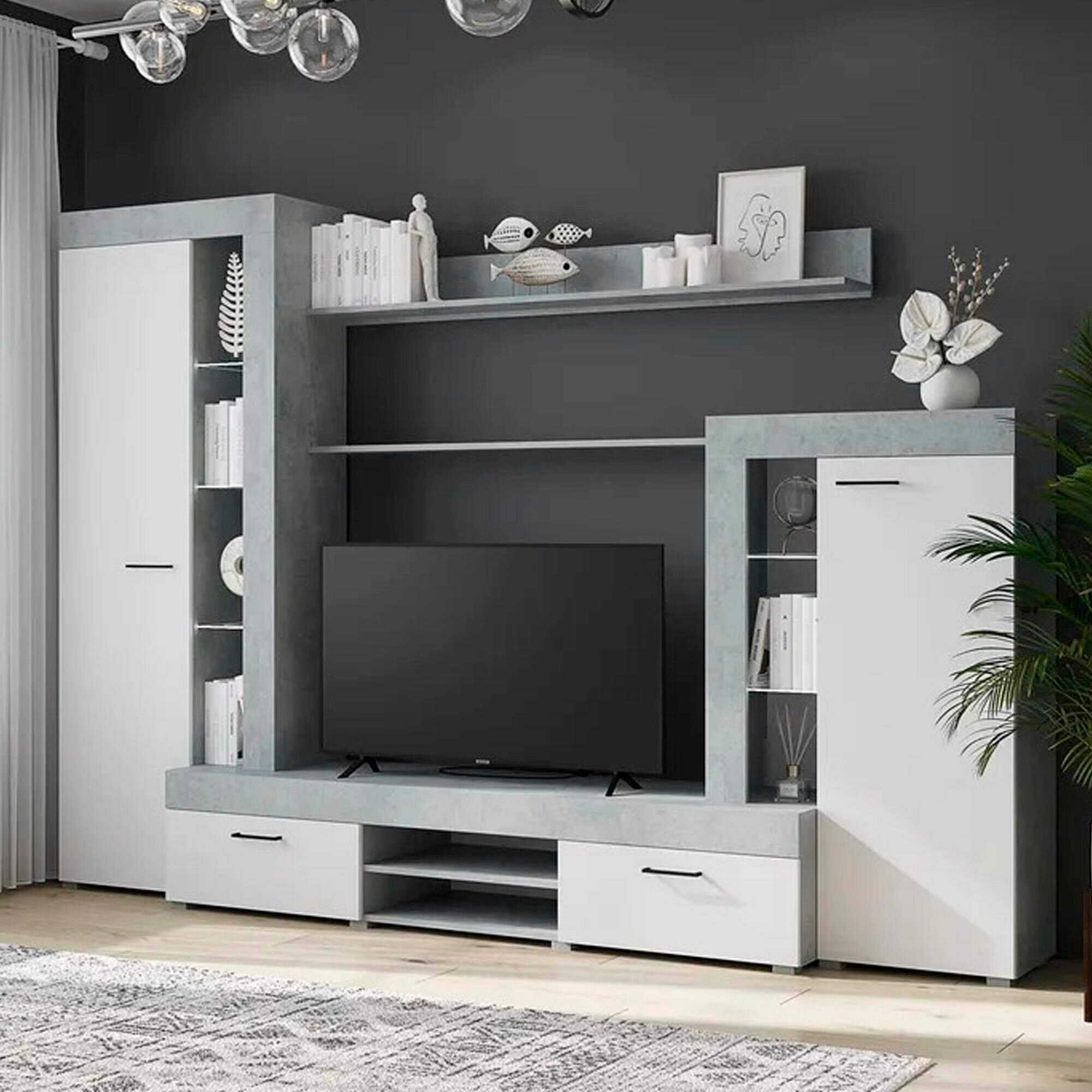 Гостиная Дельта, цвет Бетон / Белый, ширина 264.8 см, с полками, с тумбой под ТВ, шкаф