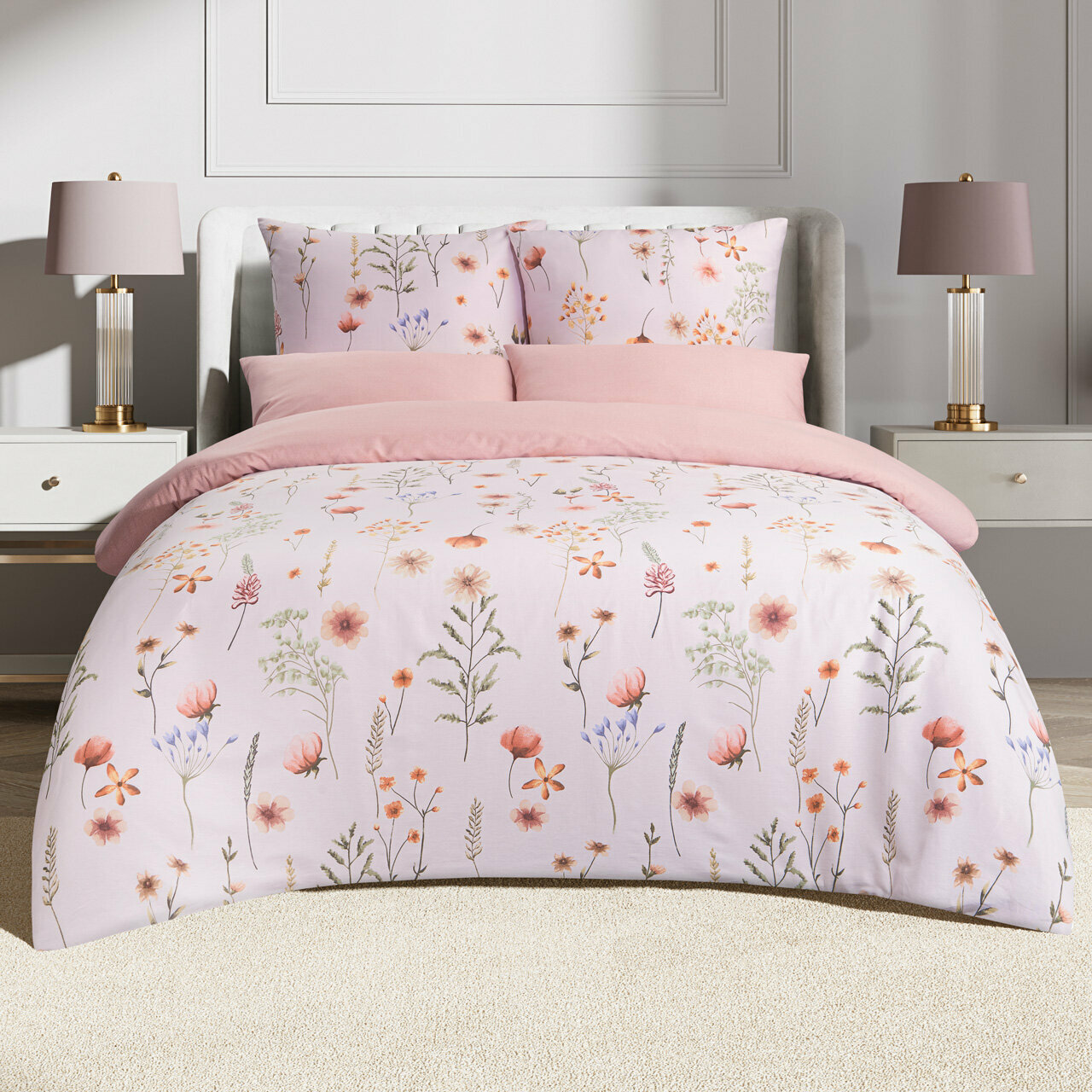 Постельное белье евро на резинке Гармоника "Манифик", пододеяльник на молнии, сатин (100% хлопок), розовый, Ecotex