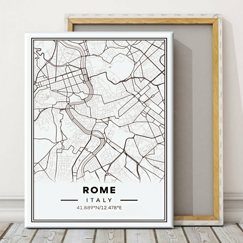 Картина на холсте 40х50 см "Карта Рим черно белая", на стену для интерьера