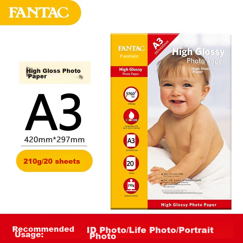FANTAC High Gloss Photo Paper, A3 Size, 210g, Color Inkjet Printing Photo Paper, 20 Sheets, 9895-237