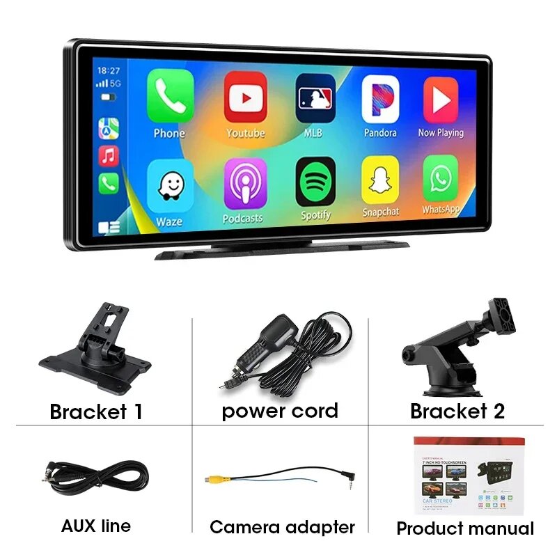 Универсальный экран 10,26 дюйма, автомобильный радиоприемник, мультимедиа, Wi-Fi, видеоплеер, беспроводной Carplay, Android Auto, двойной Bluetooth 5,0, FM-монитор USB PAD Long bracket