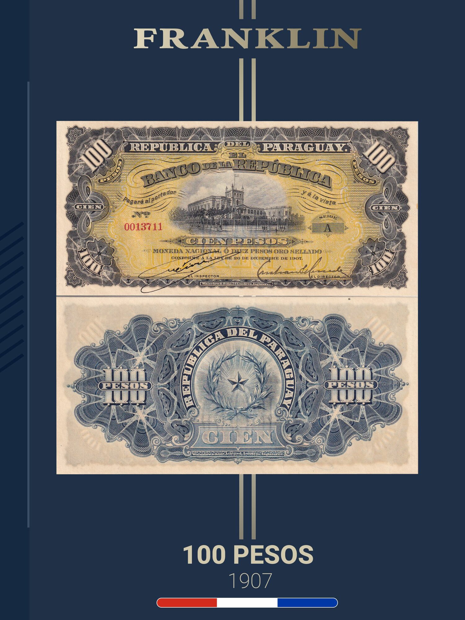 Банкнота Парагвай 100 песо 1907 год (аUNC - UNC) Pick 159а.3