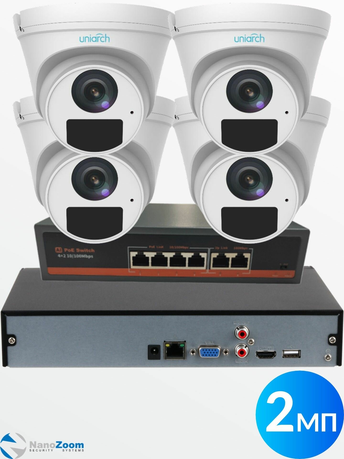 Комплект видеонаблюдения Uniarch 4 купольных IP-камеры 2Мп + Dahua NVR-видеорегистратор 4 канальный + коммутатор ИИ с 4 PoE