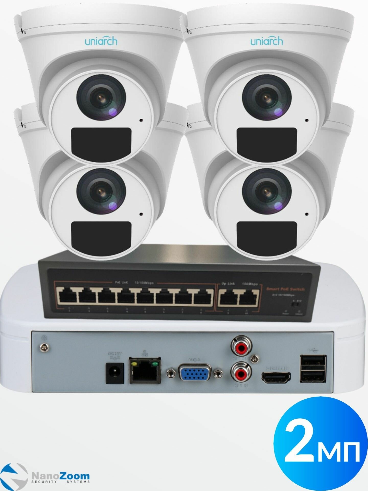 Комплект видеонаблюдения Uniarch 4 купольных IP-камеры 2Мп + Dahua NVR-видеорегистратор 8 канальный 4K + коммутатор ИИ с 8 PoE