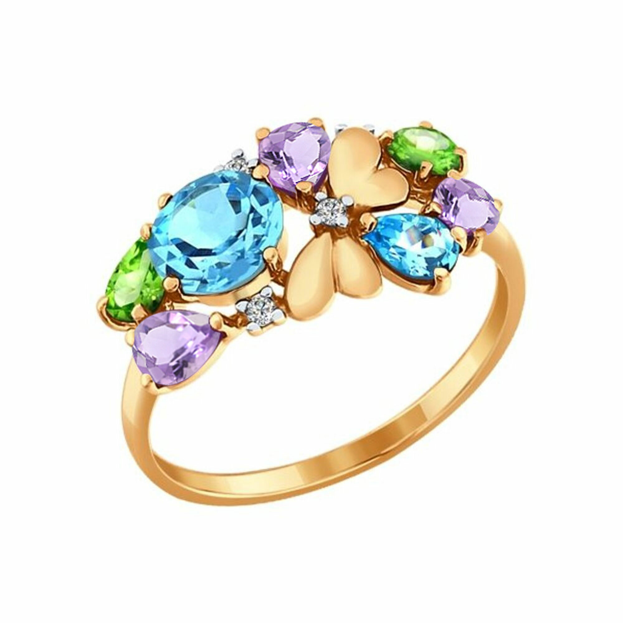 Кольцо, красное золото, 585 проба, аметист, топаз, фианит, хризолит