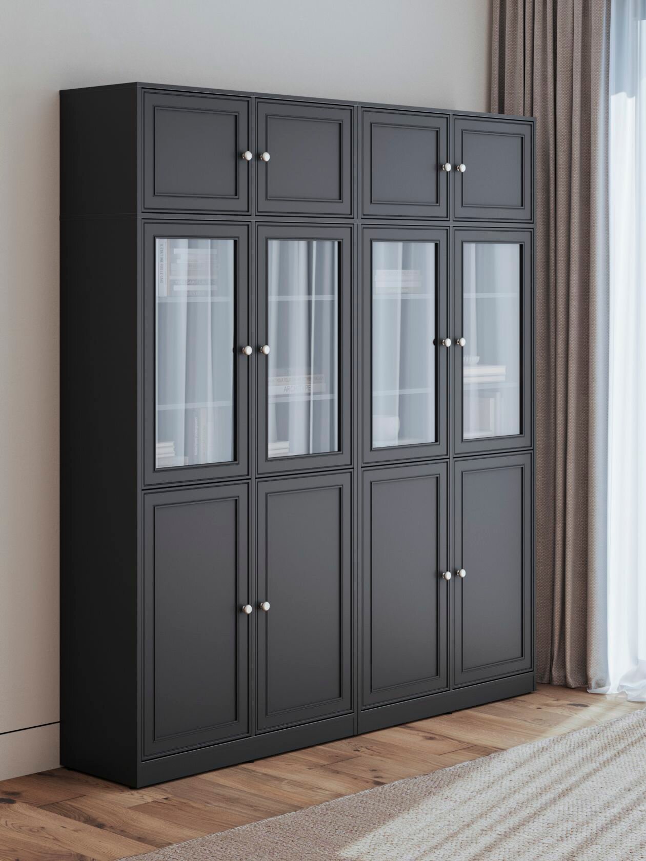 Гостиная комплект Люсиль шкаф-витрина, антресоль 197.2х40.1х221.8 см, Графит