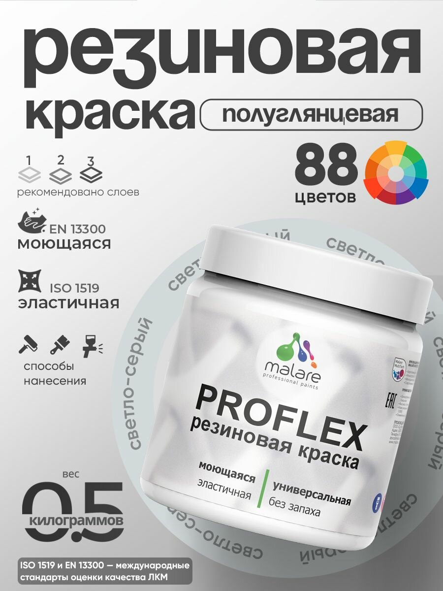 Краска резиновая Malare ProfleX жидкая резина для наружных и внутренних работ, быстросохнущая моющаяся, полуглянцевая, светло-серый, 0.5 кг