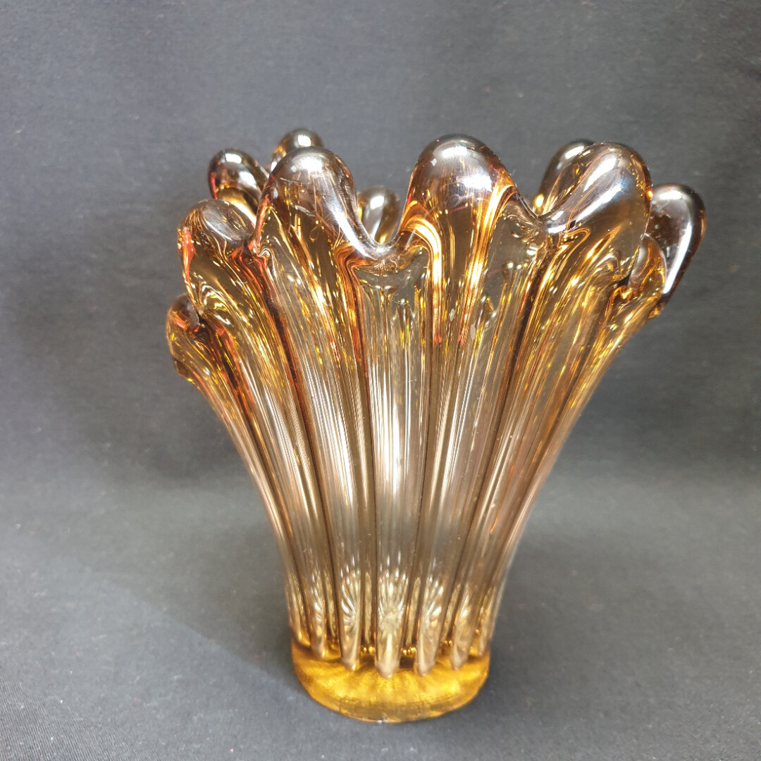 Ваза "Брызги шампанского 38", цветное гутное стекло медового оттенка, Орловский к-т Победа,1984 г, СССР