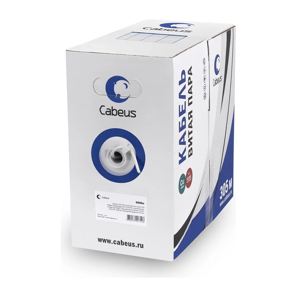 Кабель витая пара UTP (U/UTP) Cabeus категория 5e, 4 пары 0,48мм (24 AWG), одножильный, LSZH, нг(А)-HF, серый, (305 м)